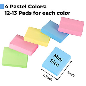 50 Pads Mini Sticky Notes 1.5X 2 inch, Small Self-Stick Note, Bulk Tiny Pads for Office, School, Home, 100 Sheets/Pad, 4 Pastel Colors, Pink, Yellow, Green, Blue