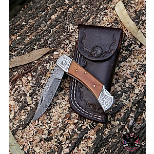 Capra Knives CK-52 Handcrafted Folding Engraved Brass Pocket Knife 4” Folded, 7.25” Long Overall, 4.5oz Olive Wood Handle, Damascus Blade with Leather Sheath