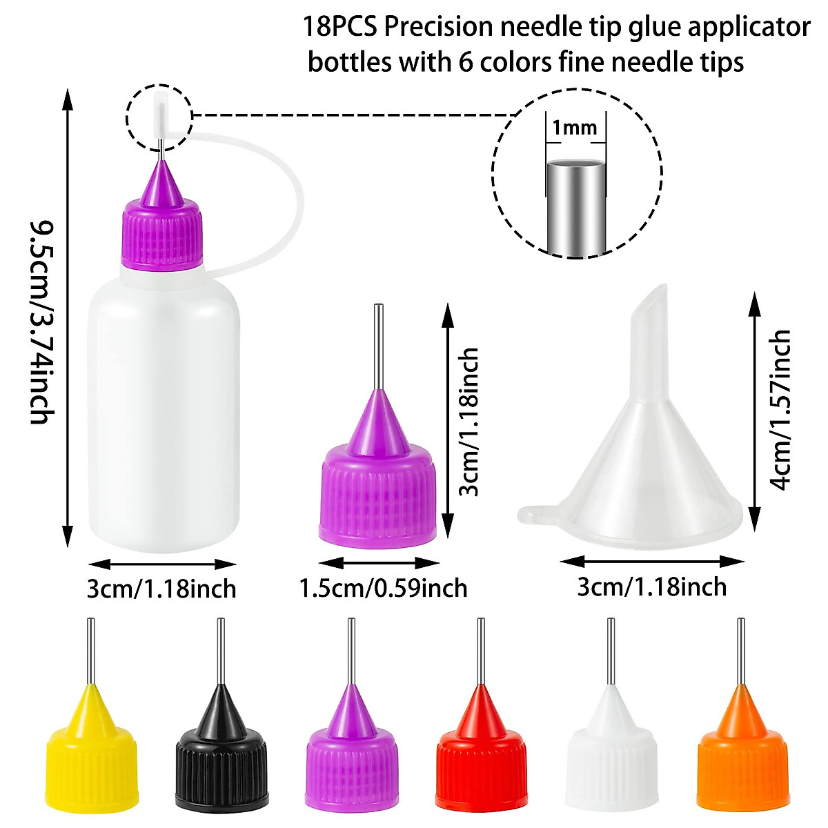 YEAJOIN 18PCS Precision Needle Tip Glue Applicator Bottles, 6 Color 30ML/1 OZ Fine Needle Tip Squeeze Bottle with Mini Funnel for DIY Paint Paper Quilling Craft Glue Ink Liquid Acrylic Painting