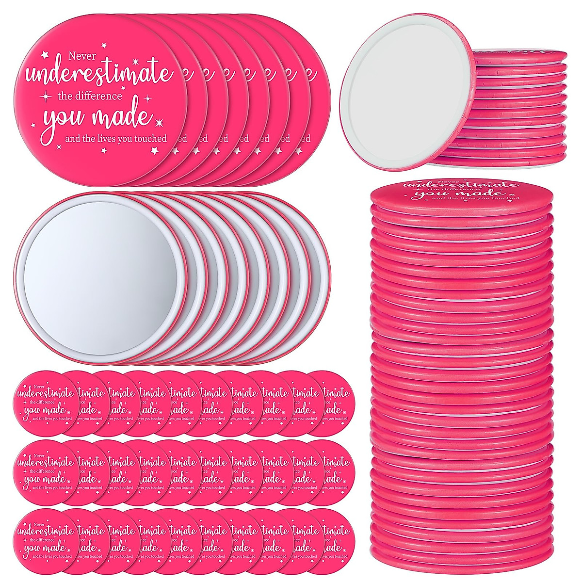 Hoolerry 48 Pcs Pink Inspirational Compact Mirror Bulk 2.8 Inch Round Makeup Glass Mirror Positive Personal Purse Pocket Mirror Small Portable Travel Mirror for Employee Coworker Staff