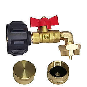BouPower QCC1/Type1 Propane Refill Elbow Adapter with ON-Off Control Valve & 2pcs Refill 1 LB Propane Bottle Caps for Camping Grill 1lb Propane Gas Bottle Tank from 5-40LBS Cylinder