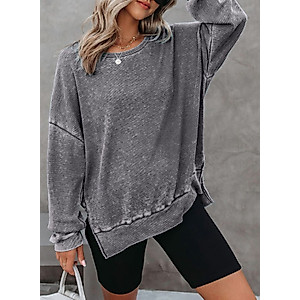 Dokotoo Women's Oversized Sweatshirt for Women Loose Fit Waffle Knit Casual Round Neck Womens Sweatshirts No Hood Long Sleeve Solid Color Shirt Lightweight Soft Tunic Tops Trendy Grey Small