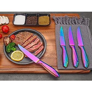 Rainbow Serrated Steak Knife 4 Piece Set, German High Carton Stainless Steel Blade for Home Restaurant