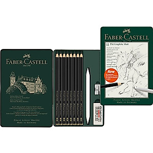 Faber-Castell Pitt Graphite Matte Pencil Set, Metal Tin of 8 Graphite Pencils and Sketching Accessories (HB, 2B, 4B, 6B, 8B, 10B, 12B, 14B), Pencil Sharpener, Eraser and Blending Stump