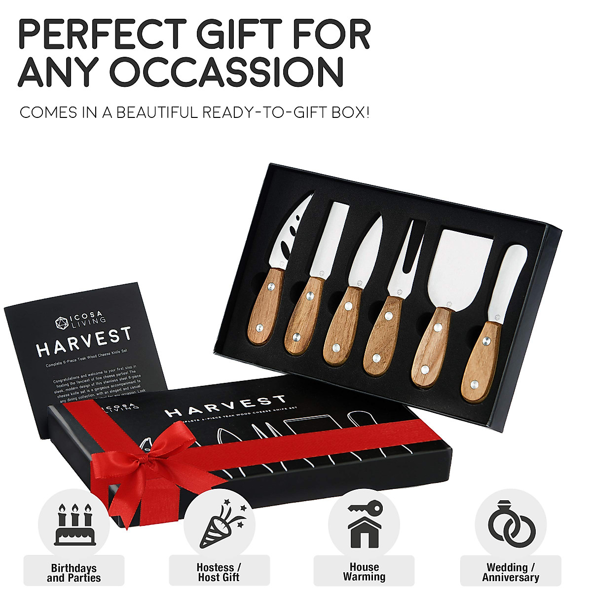 Harvest 6-Piece Cheese Knife Set (Gift-Ready) - Premium Stainless Steel Cheese Knives with Rivets, Full Tang Blades and Teak Wood Handle Charcuterie Board Accessories w/ 15 Festive Recipes