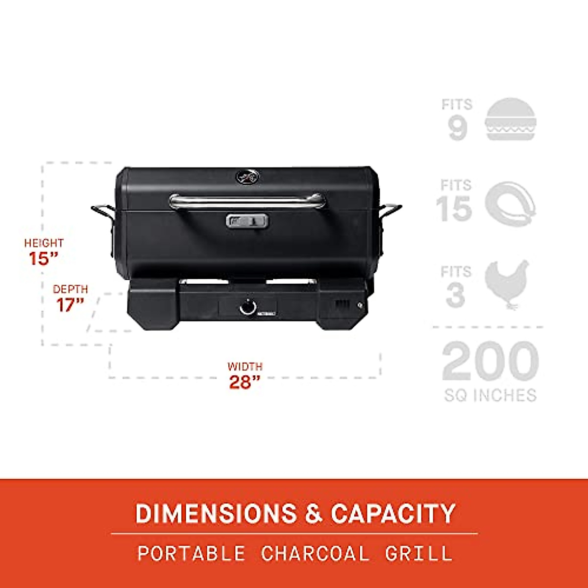 Masterbuilt MB20040522 Portable Charcoal Grill Without Cart, 17"D x 28"W x 9"H, Black