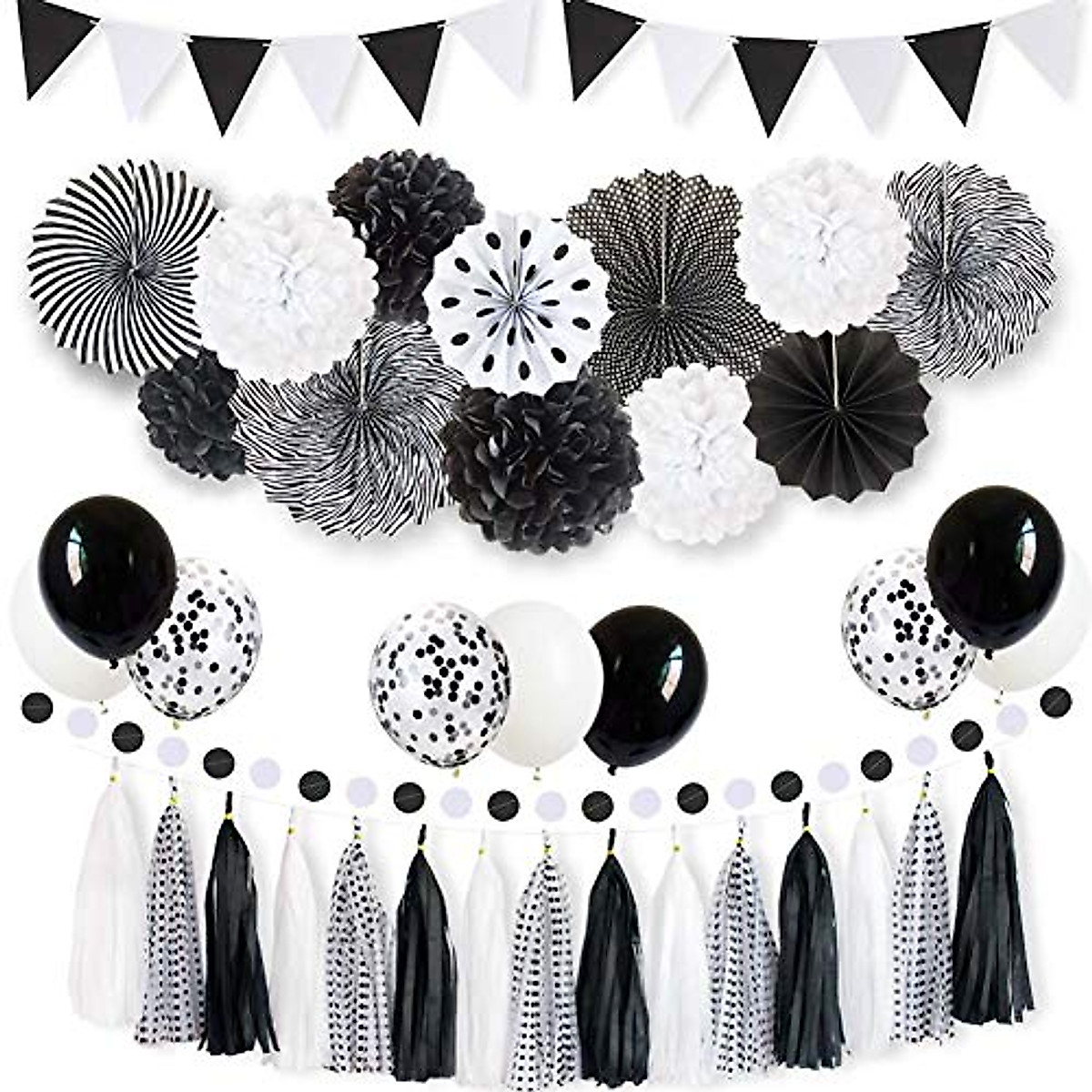 ANSOMO Black and White Party Decorations and Supplies, for Baby Shower and Birthday Graduation Bachelorette with Paper Fan and Tassel Garland