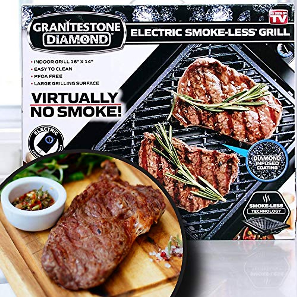 Granitestone Indoor Electric Smoke-Less Grill with Cool-touch handles and adjustable Temperature Dial, Nonstick, PFOA-Free, Black 16 x 14" As Seen On TV