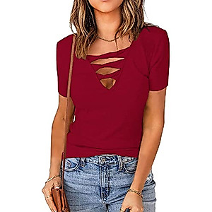 Summer Sexy Burgundy Red Tops for Women Deep V Neck Short Sleeve 2025 Trendy Cleavage Criss Cross Low Cut Plunge Concert Going Out Date Night Party Club Ribbed Knit T Shirts Fitted Blouses M