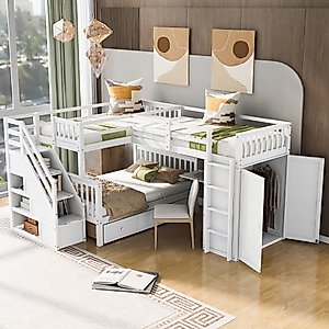 Merax L-Shaped Triple Bunk Bed with Desk & Stairs, Twin & Twin Over Full Bunk Bed for 3, Storage Drawers and Wardrobe Included, for Adults, Boys & Girls, White