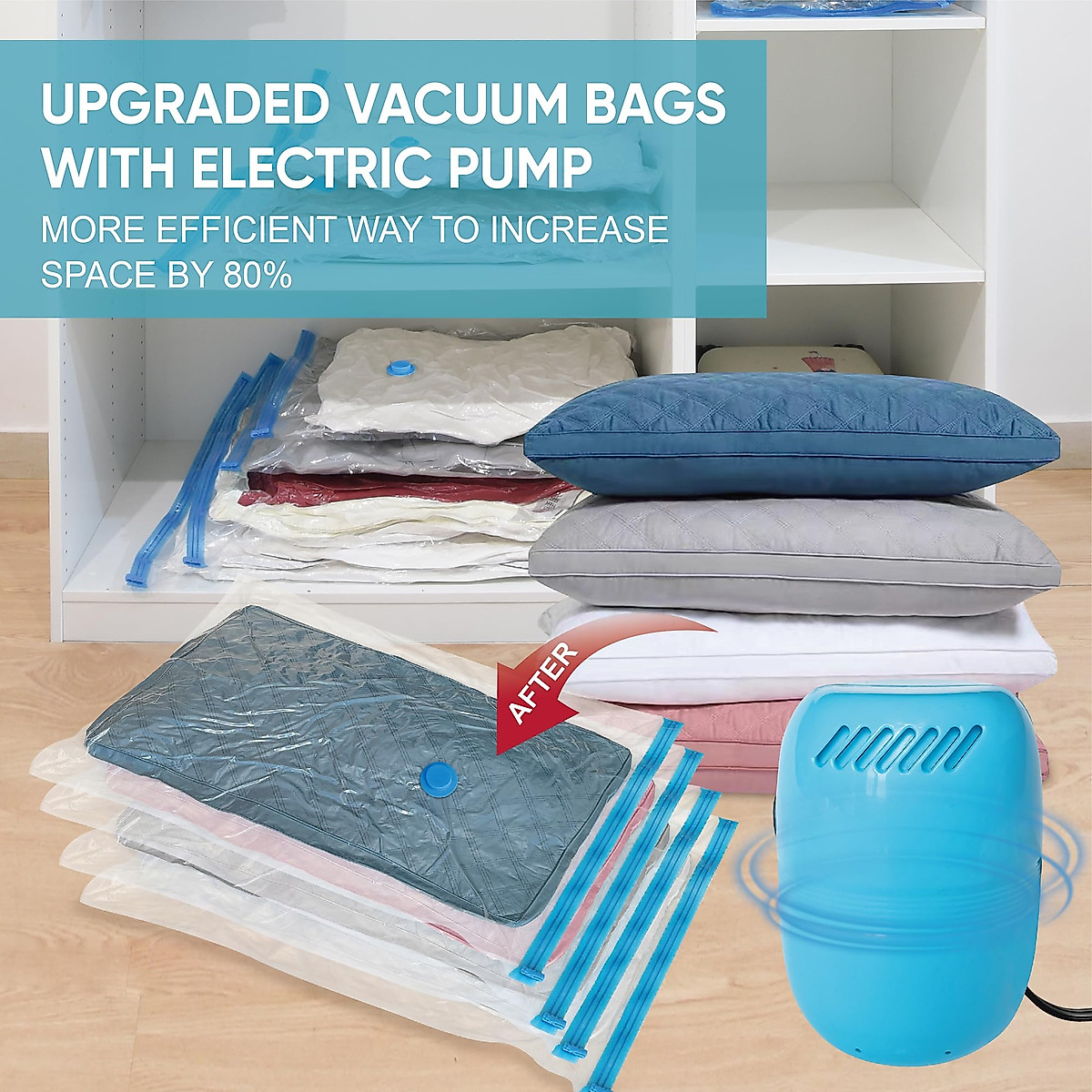 Vacuum Storage Bags with Electric Pump, 10 Jumbo Space Saver Bags Vacuum Seal Bags with Pump, Space Bags, Vacuum Sealer Bags for Clothes, Comforters, Blankets, Bedding