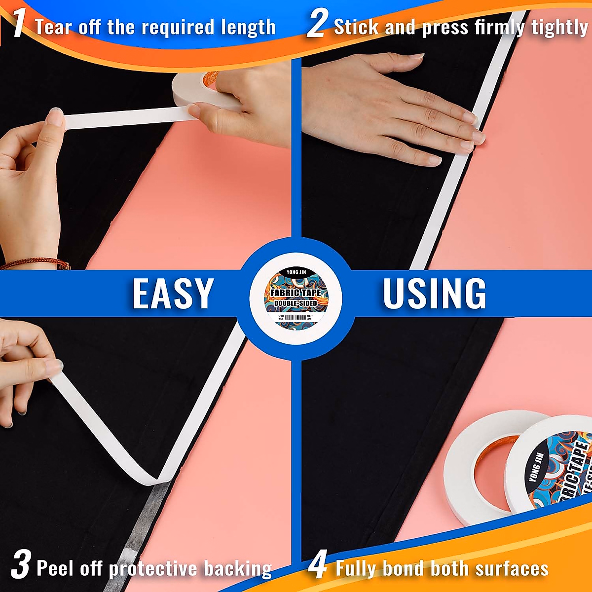 YONGJIN Double-Sided Fabric Tape (2 Rolls) - No Sewing or Ironing Required, Perfect for Quick Clothing Repairs, Fabric Bonding, Adhesive Cloth Tape for Hemming and DIY Crafts (1/4inch+1/2inch)