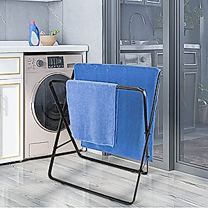 Qflushor Standing Towel Rack, 2-Tier Bathroom Towel Rack Stand Foldable, Outdoor Towel Rack Free Standing Metal for Bath Towel, Hand Towel, Blanket, Matte Black