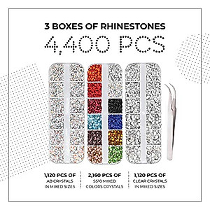 Quick Crystals Pro Hotfix Applicator, Bedazzler Kit with Rhinestones, DIY Wand Setter Tool Kit with 7 Different Tip Sizes, Tweezers, Cleaning Brush, User Manual, and 4400 Rhinestones.