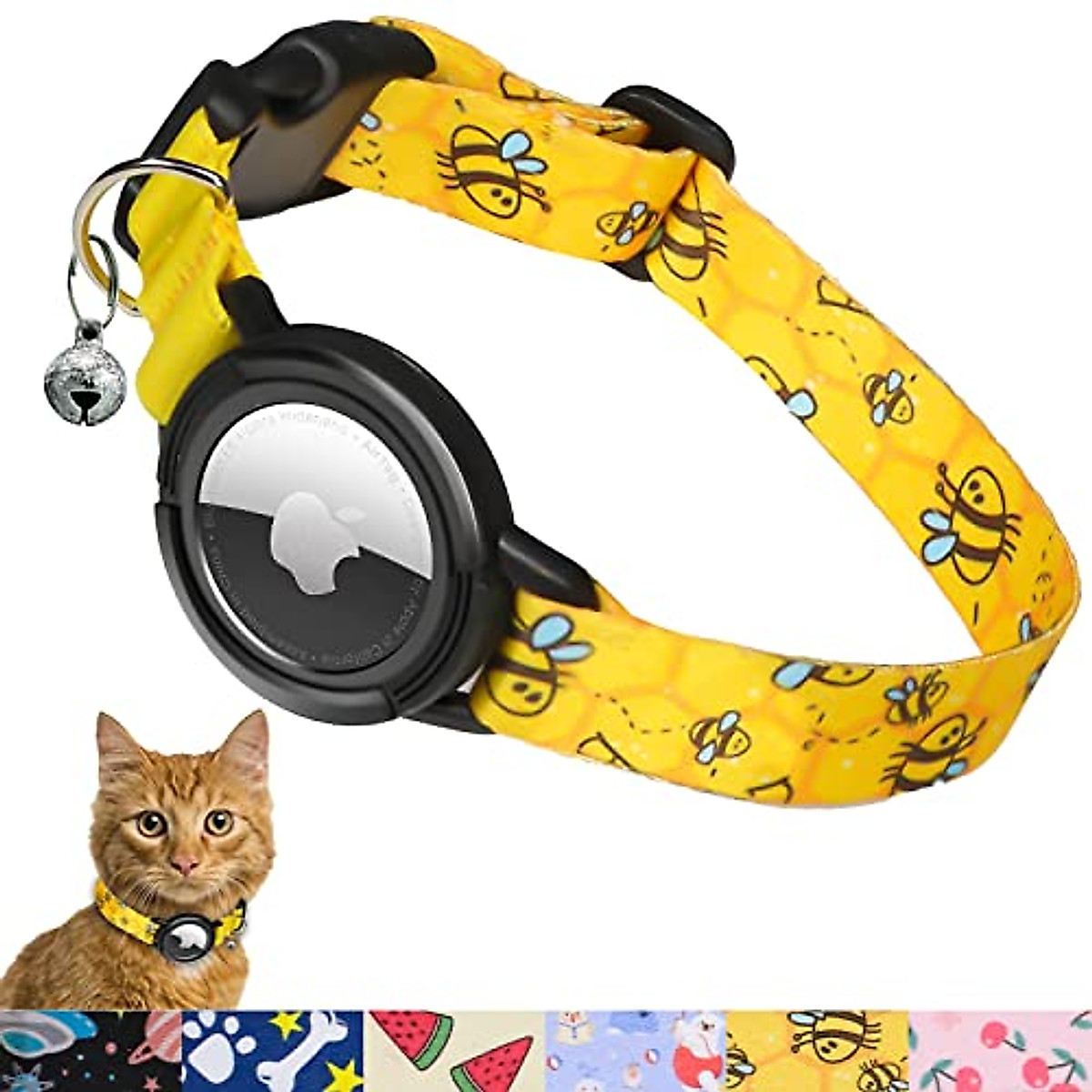 FEEYAR Upgraded AirTag Cat Collar, Integrated GPS Cat Collar with Apple Air Tag Holder and Bell [Yellow], Safety Elastic Band Tracker Cat Collars for Girl Boy Cats, Kittens and Puppies