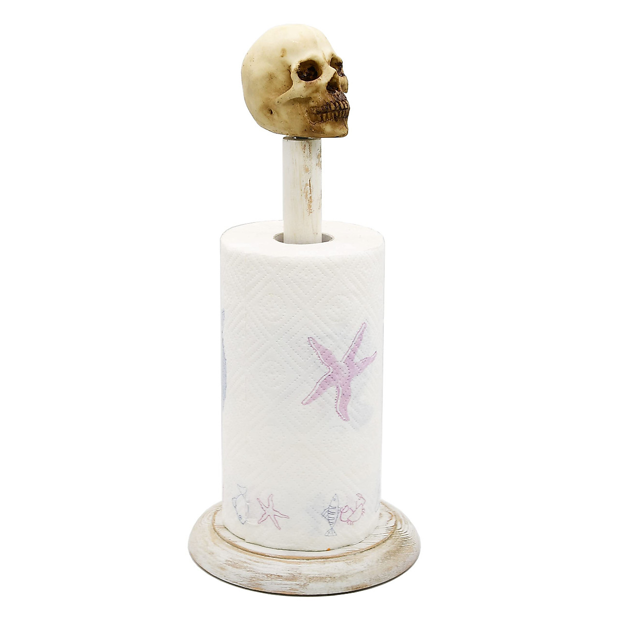 Rustic Wood Skull Paper Towel Holder Stand Up Paper Towel Holder, Easy One-Handed Tear Kitchen Paper Towel Dispenser with Weighted Base for Standard Paper Towel Rolls,Rustic White