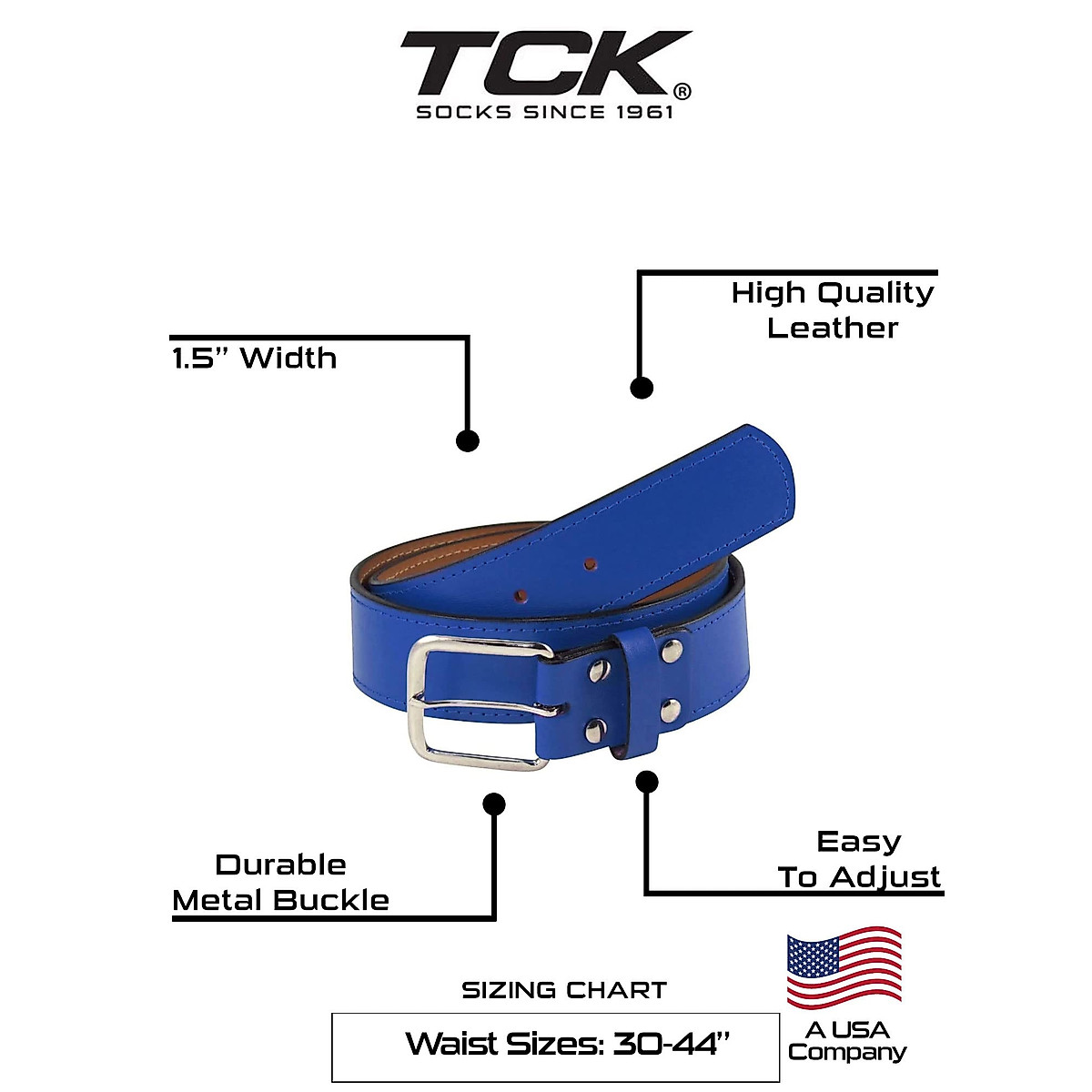 TCK Premium Leather Baseball Softball Belt (Royal Blue, 42")