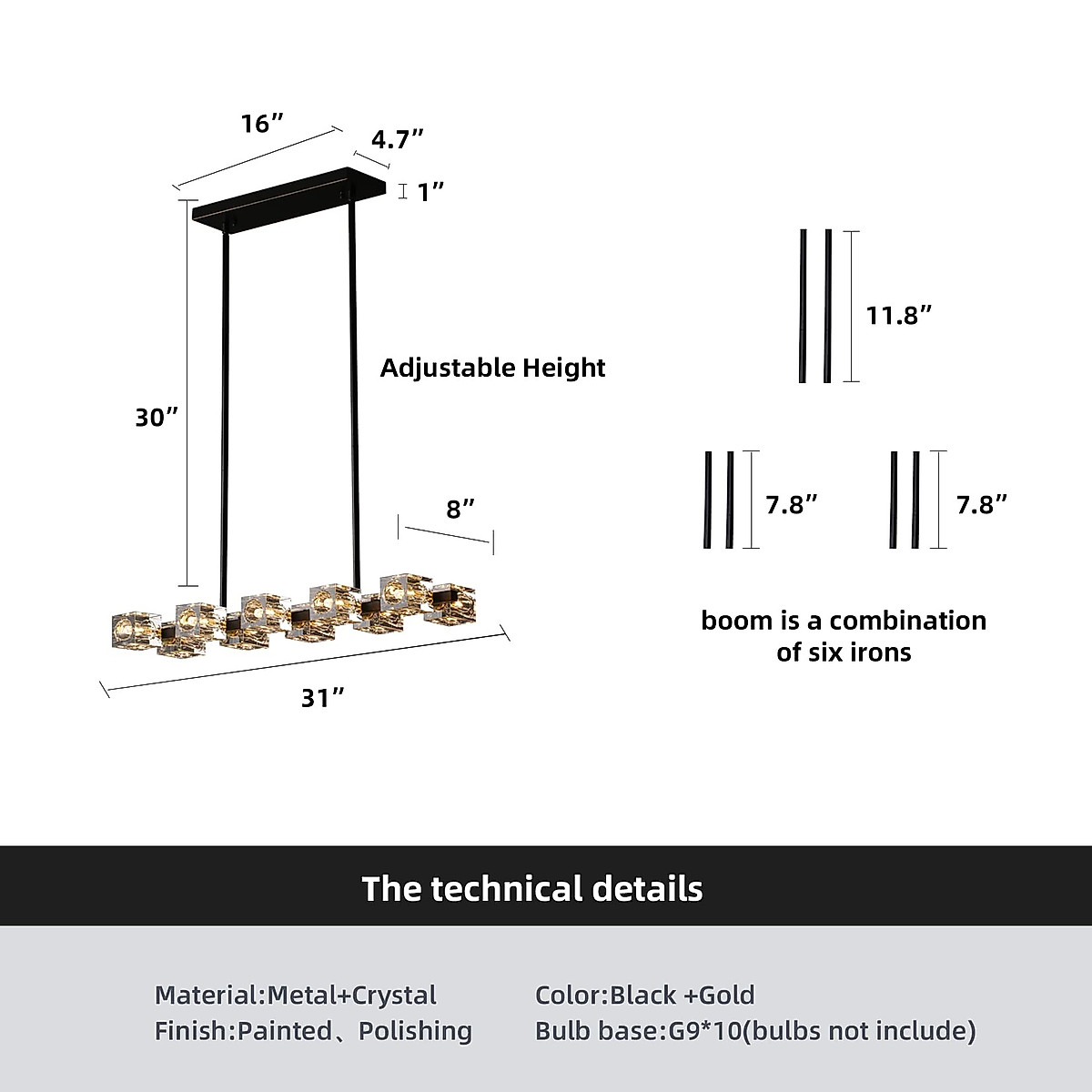 OKES Dining Room Light Fixture,Modern Crystal Chandeleirs Semi Flush Mount Ceiling Light Fixture,Black Metal Crystal Pendant Light for Kitchen Island Farmhouse Dining Room,Living Room (10-Lights)…