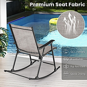 Tangkula Folding Rocking Chair Set of 2, Patio Rockers with Breathable Seat Fabric & Sturdy Metal Frame, Smooth Rocking Motion, Heavy-Duty Outdoor Rocker for Backyard, Front Porch, Poolside