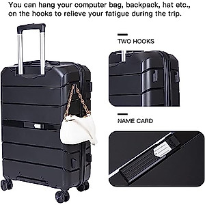 Tripcomp Luggage Sets Wear-Resistance Hardside Lightweight Suitcase Double Spinner Wheels, TSA Lock,Two Hooks, Scratch-resistant Carry-on,3 Piece Set(20inch 24inch 28inch) (Jet Black)