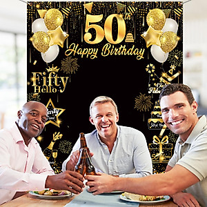 50th Birthday Decorations Banner, Large 50th Birthday Backdrop for Photo Booth Props, Black and Gold Fifty Birthday Decorations 50th Birthday Photo Backdrop for Men Women Outdoor Indoor