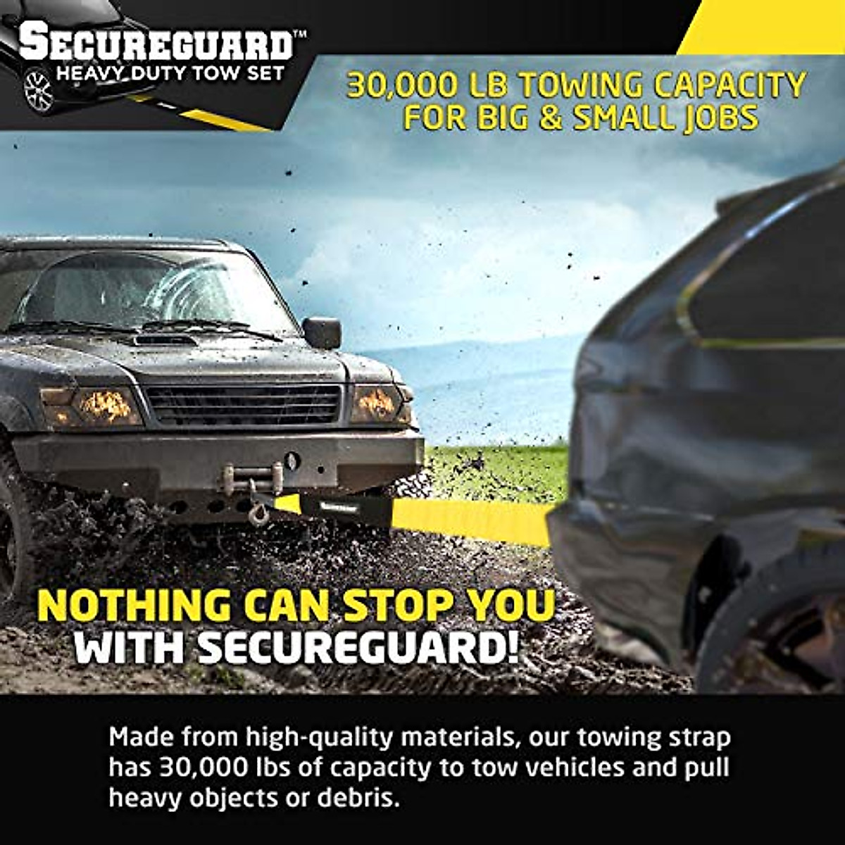 Secureguard Recovery Tow Strap - 20 Feet Long | Extra Heavy Duty Tow Rope with 30,000 lbs of Strength | Reinforced Eye Hoops | Steel U-Hooks for Reliable Towing | With Durable Carrying Bag for Storage