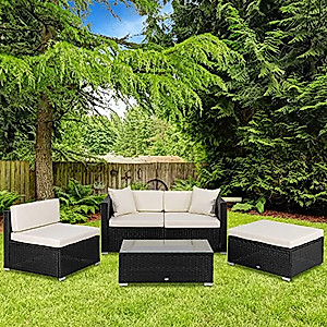 CharaVector Patio Furniture Set, Outdoor Sectional Rattan Sofa Wicker Conversation Couch Set 5 Pieces with Pillows&Coffee Table&Thick Cushions for Backyard Garden Poolside
