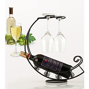 Homya Tabletop Metal Wine Bottle Rack Elevated Vertical Countertop Wine Glass Display Organizer, Dining Table Offers Wine Glasses as Gifts, Holds 1 Bottle 2 Glasses, Plating Craft Black