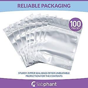 Stand Up Mylar Bags 5.5” x 8” +1.6" Heat Seal For Candy & Food Packaging, Medications And Vitamins - 100 Sealable Mylar Ziplock Bags with Gusset Bottom - For Liquid And Solids (5.5” x 8” + 1.57”)