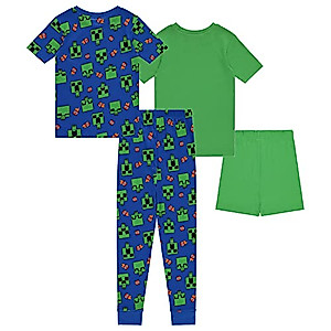 Minecraft Mojang Boys Pajamas Set - 4 Piece Short Sleeve Pajamas Set Creeper Pajamas (Navy Green, 8)