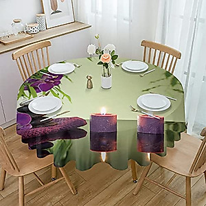 Round Tablecloth 60 Inch Zen Spa Waterproof Oil-Proof Vinyl Table Cloth Butterfly Orchid Zen Basalt Stones Candle Purple Kitchen Spillproof Oilcloths Table Cover for Indoor and Outdoor Use