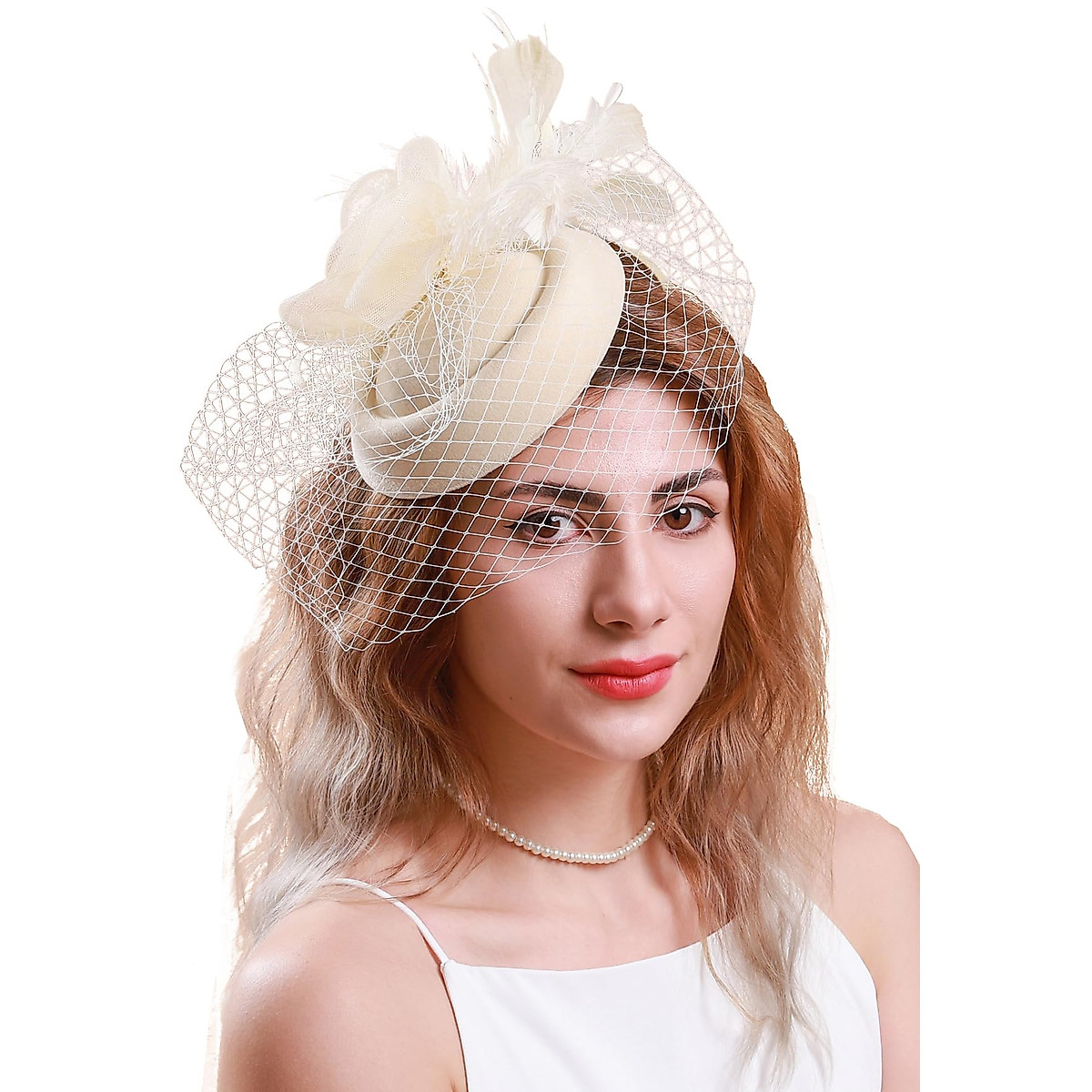 Cizoe Fascinators Hats 20s 50s Hat Pillbox Hat Cocktail FlowerTea Party Headwear with Veil for Girls and Women(Beige)