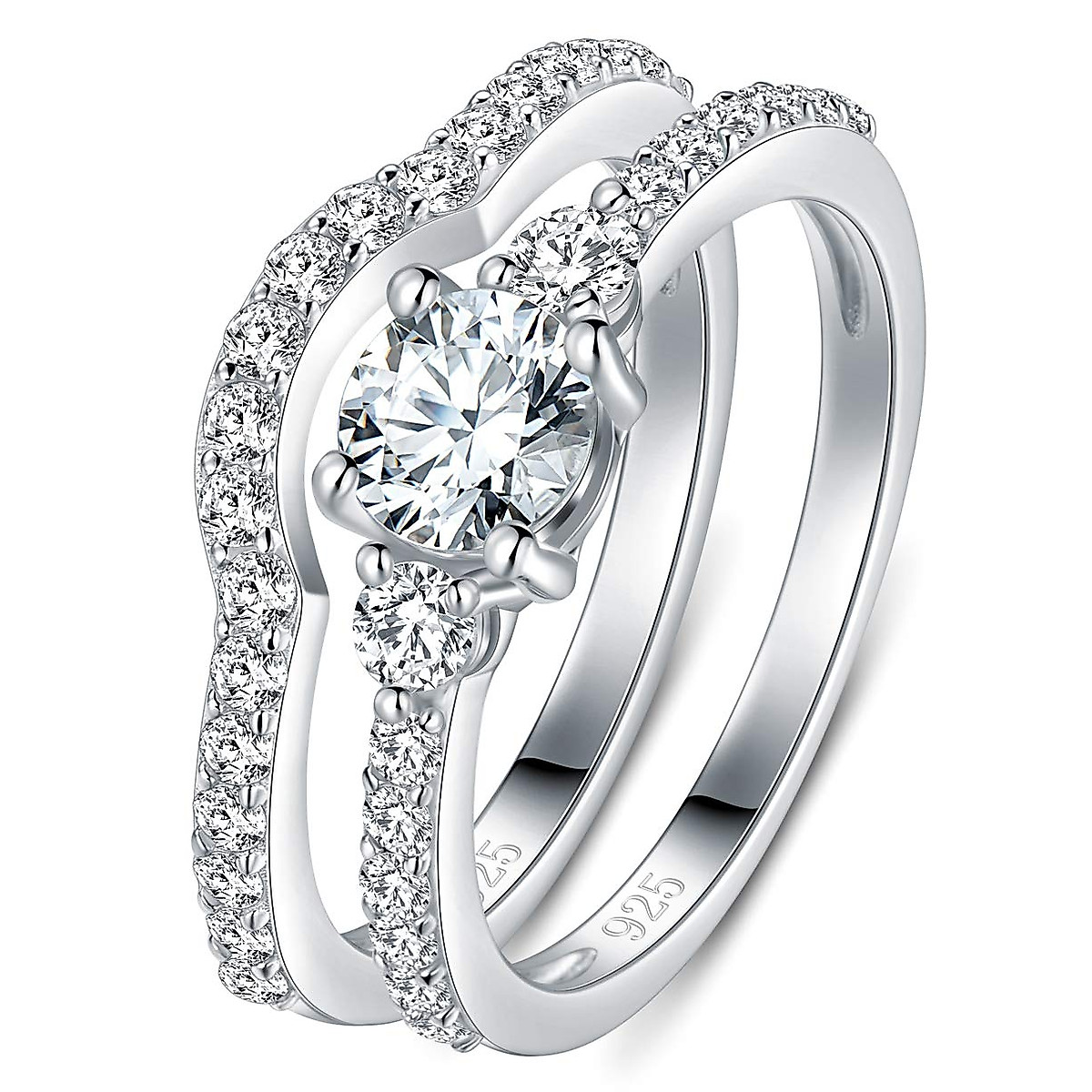 BORUO 925 Sterling Silver Ring, Cubic Zirconia CZ 2pc Wedding Band Stackable Ring Set Size 7