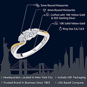 Gem Stone King 925 Sterling Silver and 10K Yellow Gold White Moissanite and White Lab Grown Diamond 3 Stone Engagement Ring For Women | 0.46 Cttw | Available In Size 5, 6, 7, 8, 9