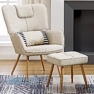 FERFALDER Upholstered Wingback Chair, Accent Chair with Ottoman, Comfy Living Room Chairs, Faux Leather Arm Chairs for Living Room, Bedroom, Office and Study, Beige