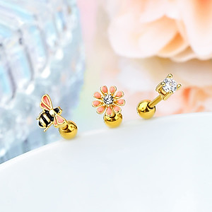 CM Crareesi Mania 3Pcs Cute Bee Cartilage Earrings Pack 316L Stainless Steel Helix Dainty Bee 16G Tragus Conch Gold Cartilage piercing jewelry Pack