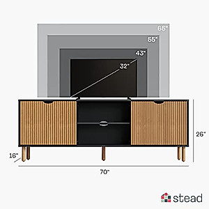Stead Contemporary Fluted TV Stand 2023 Collection- 70” Entertainment Center Console Table with Storage for Living Room - Fits 32 to 80" TVs (Black and Oak)