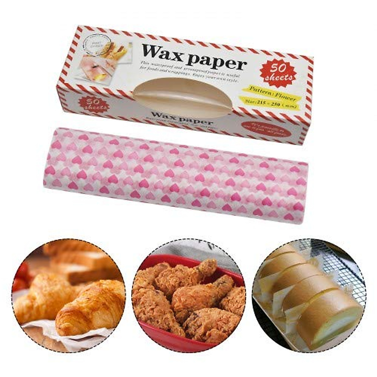Food Wrapping Paper 50 Sheets Wax Paper Grease Proof Waterproof Baking Parchment with Heart Pattern Non-Stick Beeswax Wraps Paper Liners Tissue for Bread Sandwich Burger Gift 218 x 250mm