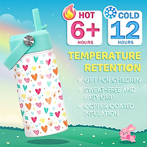 Kids Water Bottle with Straw Lid - Insulated 12 Oz Stainless Steel Water Bottles for Girls Toddlers - Heart Water Bottle Travel Cup for School Sports