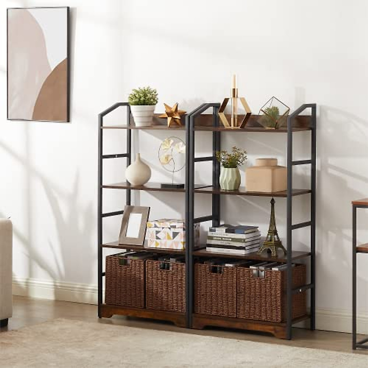 Vagusicc 4 Tier Bookshelf with 2 Storage Baskets, Tall Bookcase Shelf Storage Organizer Wood Book Shelf, Modern Shelf Rack Shelves with Steel Frame, Multipurpose Bookshelf for Bedroom Living Room