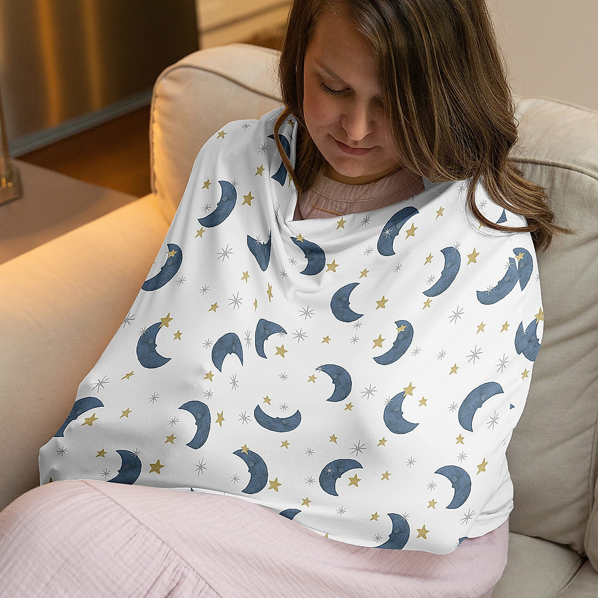 Sweet Jojo Designs Moon and Star Boy Girl Infant Baby Car Seat Cover Nursing Breastfeeding Shopping Cart Stroller Canopy Navy Blue Gold Watercolor Gender Netural Celestial Sky Brown and White Bear Owl