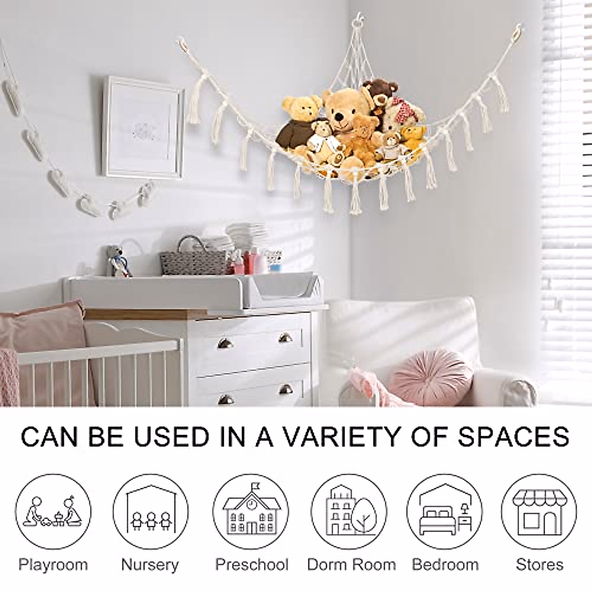 LotFancy Stuffed Animal Net or Hammock, 60"x48"x48", Large Macrame Toy Hammock, Hanging Plushie Net, Stuff Animal Storage Ideas, Corner Net Toy Holder for Kids Room Nursery Bedroom, Beige