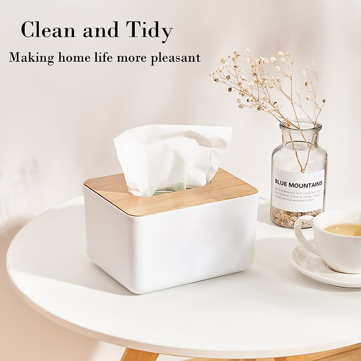 Bamboo Tissue Box Cover, Rectangular Tissue Box Holder for Bathroom Vanity, Countertop, Bedroom Dresser, Bedside Table, Desk,Disposable Paper Facial Tissues Tissue Box White