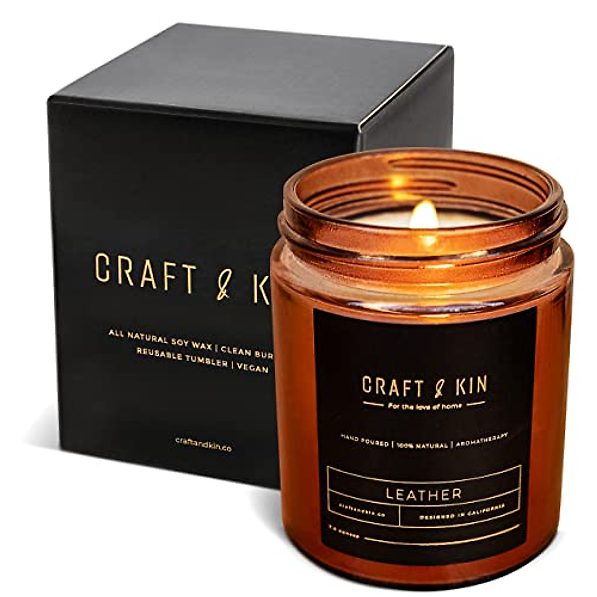 Leather Candle | Premium Scented Candles for Men & Women | All-Natural Soy Candles, Rustic Home Decor Scented Candles | Ultra Clean Burn Amber Jar Candles, Aromatherapy Candles
