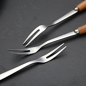 DEEKOUDT 6 Pcs Wooden Handle Stainless Steel Two Prong Forks Fruit Cake Appetizer Forks