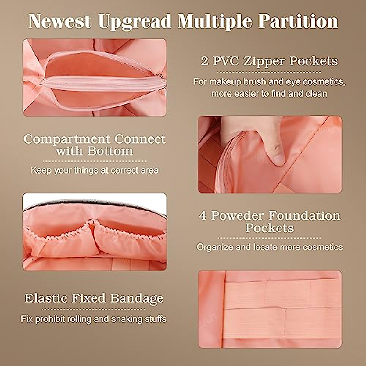 Travel Makeup Bag,Large Capacity Travel Cosmetic Bag for Women ,PU Leather Waterproof Travel Toiletry Bag with 2 PVC Brush Organizer,Portable Pouch Lay Flat Make Up Organizer Bag with Handle Divider