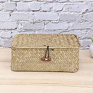 TOPBATHY Rattan Storage Basket Handwoven Storage Basket with Lid Rectangular Home Organizer Bin for Cosmetic Wedding Bedroom Living Room(7.9 X 5.1X3.1inch/20 x 8 x 13cm)