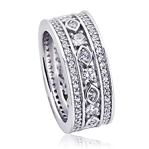DoubleAccent Platinum Plated Sterling Silver Ring 1 CT Round CZ Stone Art Deco Design Wedding Band Eternity Ring (Size 5 to 9), 8