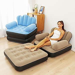 KAERMU Inflatable Sofa with Air Pump Outdoor Adult Lazy Sofa Multifunctional Five in One Inflatable Bed Convenient Foldable Lounge Chair,PVC Flocking,Perfect for Relaxing and Reading（Blue）