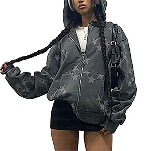 NaranjaBurbuja Y2k Zip Up Hoodies for Teen Girls Aesthetic Trendy Oversized Sweatshirt Womens 2022 Star Graphic Print Jackets Streetwear, S-xingxing Star Grey Dark 000